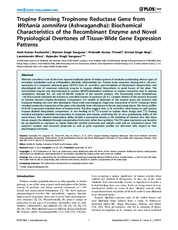 (PDF) Tropine Forming Tropinone Reductase Gene from Withania somnifera ...