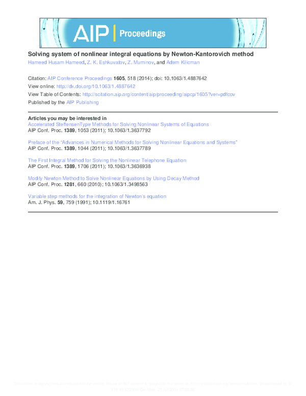 Pdf Solving System Of Nonlinear Integral Equations By Newton Kantorovich Method