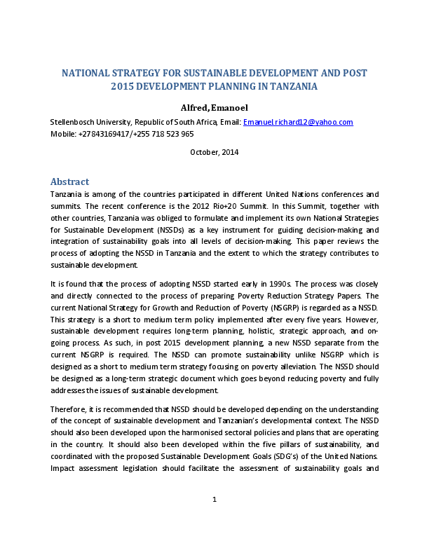(PDF) NATIONAL STRATEGY FOR SUSTAINABLE DEVELOPMENT AND POST 2015 ...