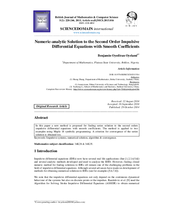 Pdf Numeric Analytic Solution To The Second Order Impulsive Differential Equations With Smooth