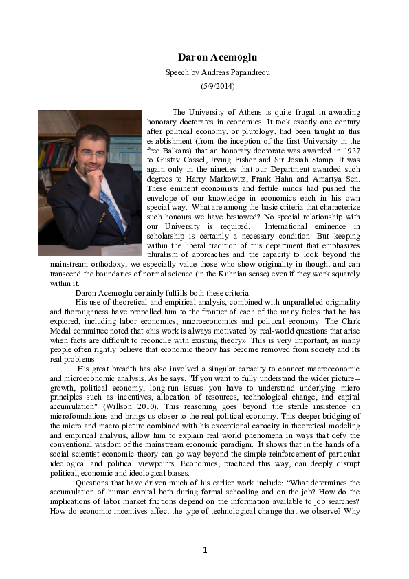 (PDF) Laudatory speech for Professor Daron Acemoglu (University of ...