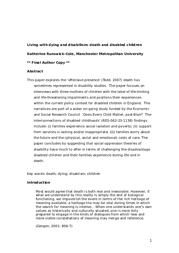 (DOC) Living with dying and disabilism: death and disabled children