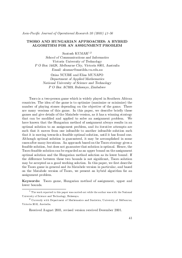 (PDF) TSORO AND HUNGARIAN APPROACHES: A HYBRID ALGORITHM FOR AN ASSIGNMENT PROBLEM