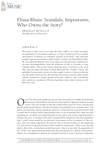 (PDF) Elissa Rhais: Scandals, Impostures, Who Owns the Story
