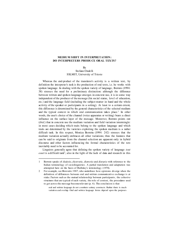 (PDF) Medium shift in interpretation: do interpreters produce oral text?