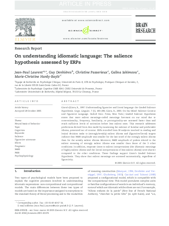 (PDF) On understanding idiomatic language: The salience hypothesis assessed by ERPs