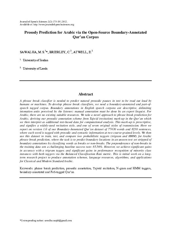 (PDF) Prosody Prediction for Arabic via the Open-Source Boundary-Annotated Quran Corpus