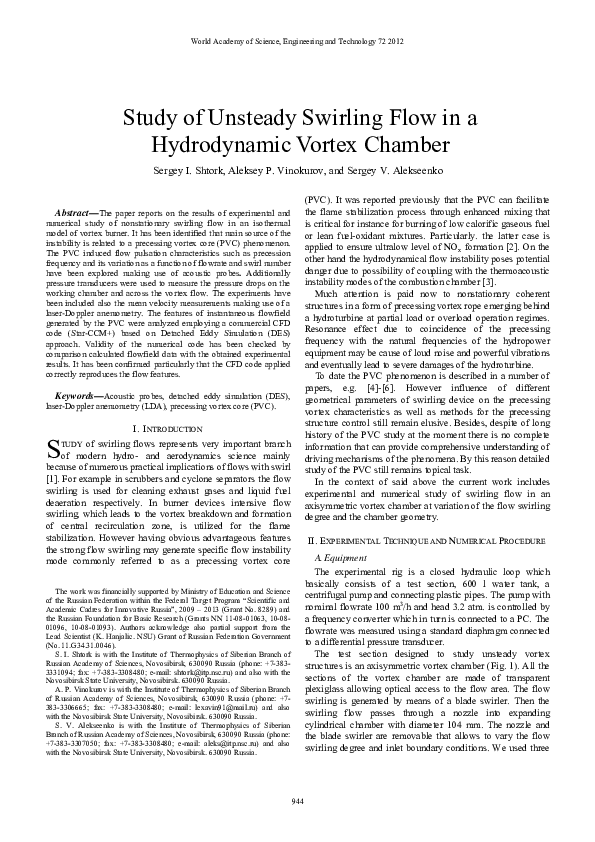 (PDF) Study of Unsteady Swirling Flow in a Hydrodynamic Vortex Chamber