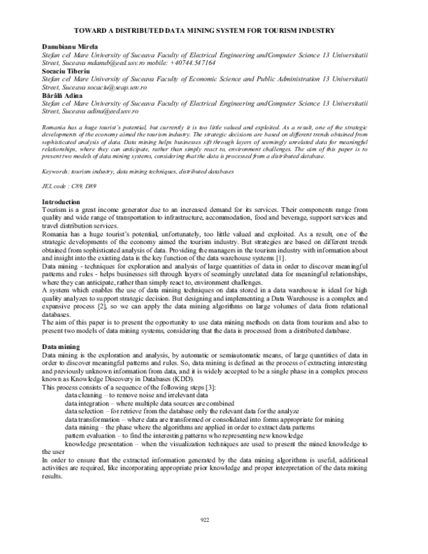 (PDF) TOWARD A DISTRIBUTED DATA MINING SYSTEM FOR TOURISM INDUSTRY | tiberiu socaciu and Mirela ...