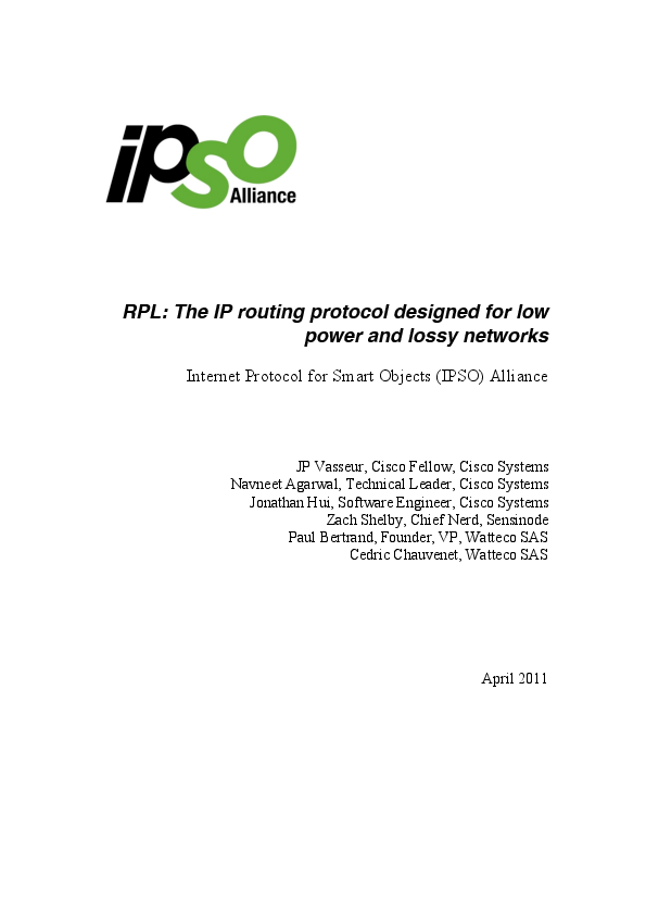 (PDF) RPL: The IP routing protocol designed for low power and lossy networks Internet Protocol ...