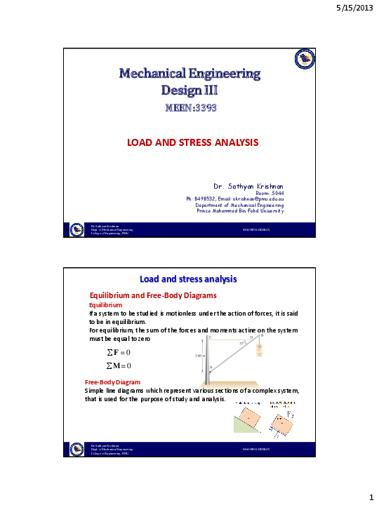 (PDF) 5/15/2013 1 Mechanical Engineering Design III MEEN :3393 LOAD AND ...