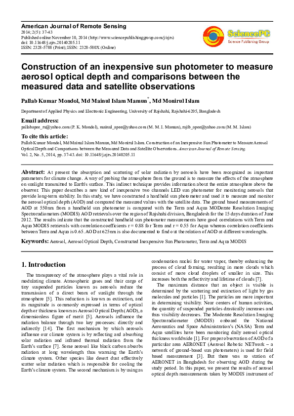 (PDF) Construction of an Inexpensive Sun Photometer to Measure Aerosol ...