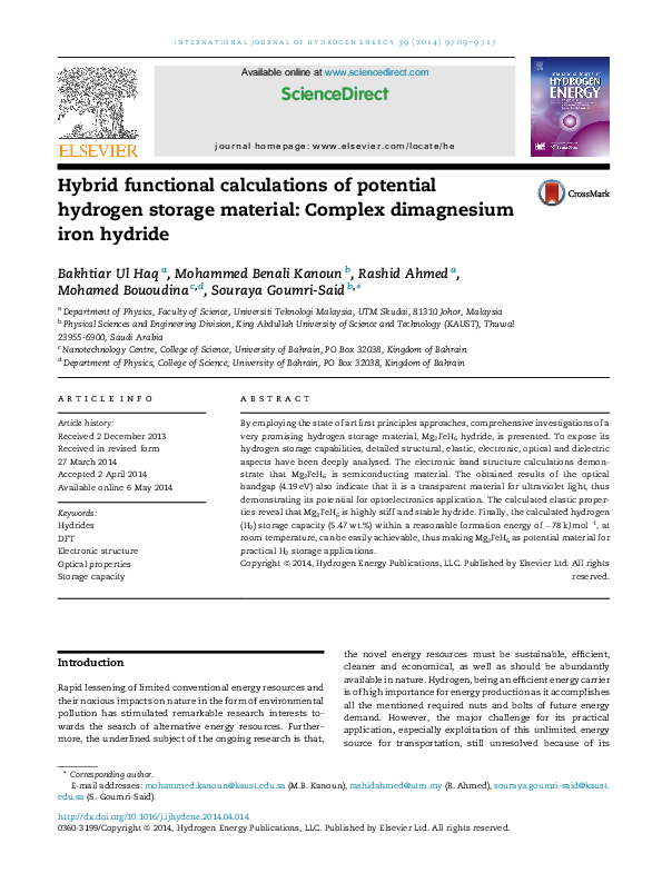 Hybrid functional calculations of potential hydrogen storage material: Complex dimagnesium iron ...