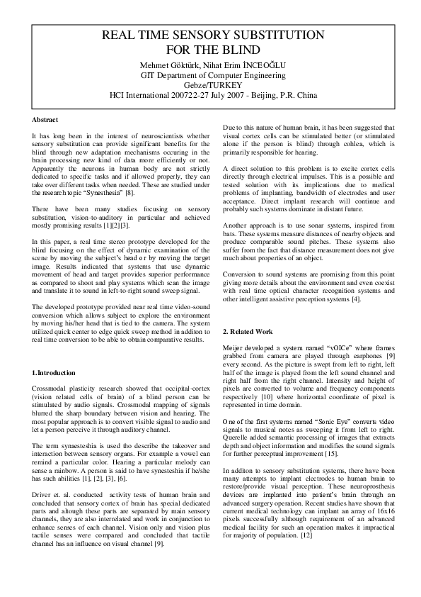 (PDF) REAL TIME SENSORY SUBSTITUTION FOR THE BLIND