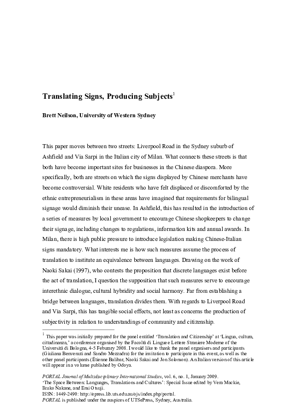 (PDF) Translating Signs, Producing Subjects