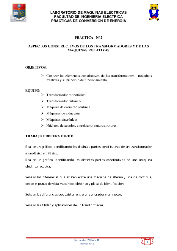 LABORATORIO DE MAQUINAS ELECTRICAS FACULTAD DE INGENIERIA ELECTRICA PRACTICAS DE CONVERSION DE ...