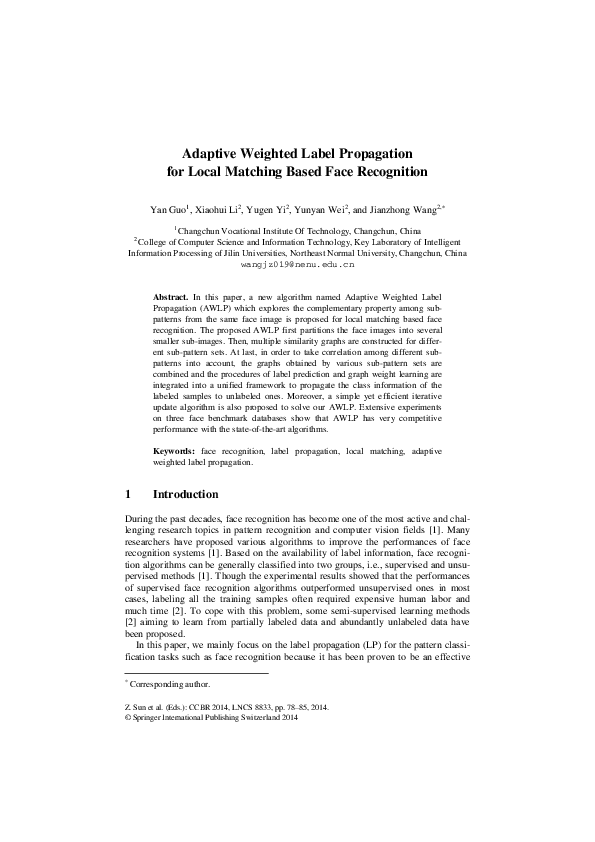 Pdf Adaptive Weighted Label Propagation For Local Matching Based Face Recognition