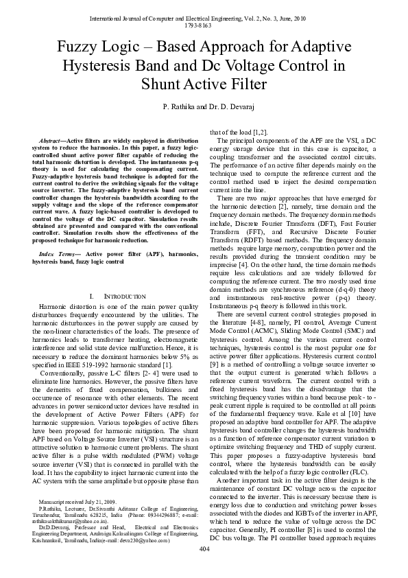 (PDF) Fuzzy Logic – Based Approach for Adaptive Hysteresis Band and Dc Voltage Control in Shunt ...