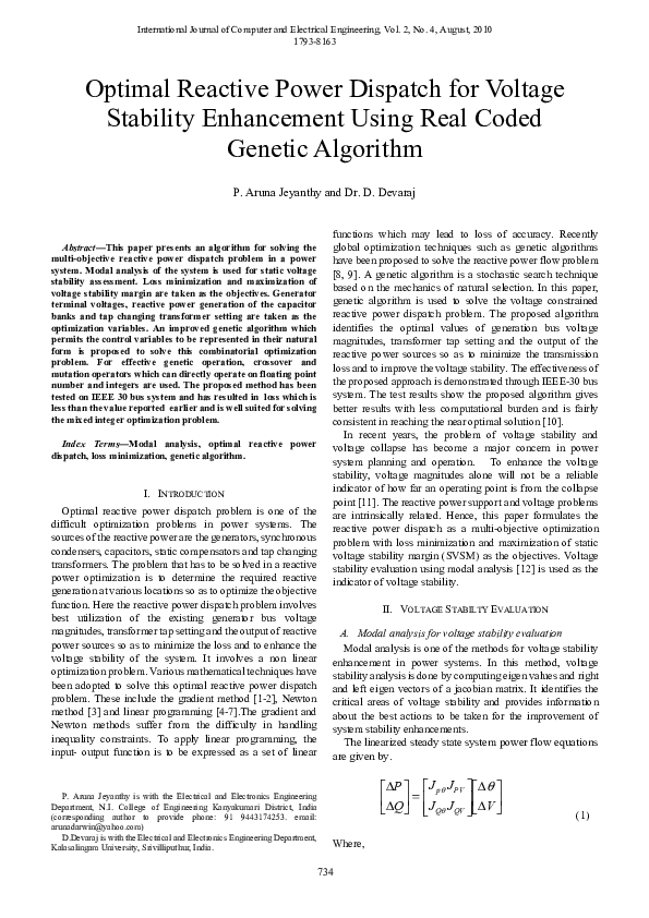 (PDF) Optimal Reactive Power Dispatch for Voltage Stability Enhancement Using Real Coded Genetic ...