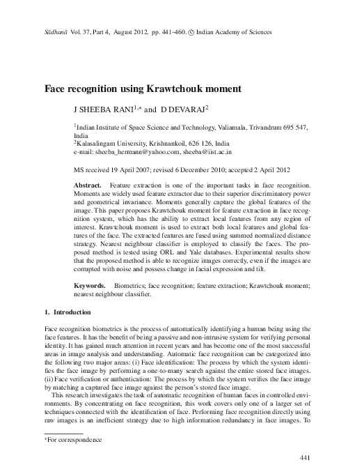 Pdf Face Recognition Using Krawtchouk Moment