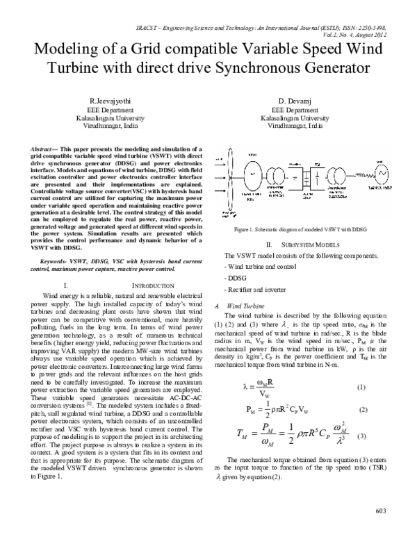 Pdf Modeling Of A Grid Compatible Variable Speed Wind Turbine With Direct Drive Synchronous 