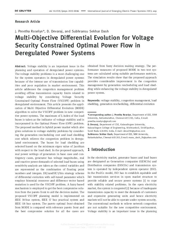 Pdf Multi Objective Differential Evolution For Voltage Security