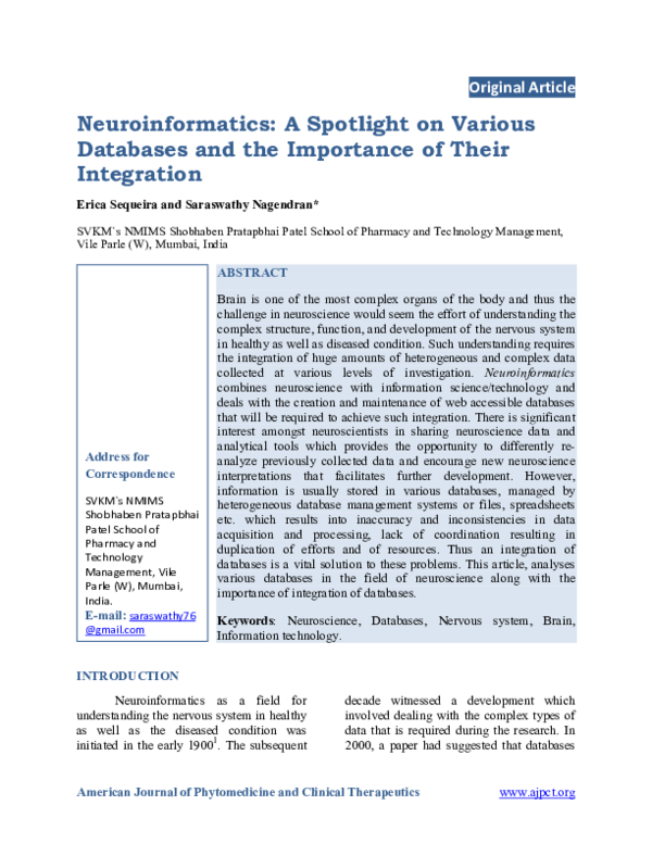 (PDF) Neuroinformatics: A Spotlight on Various Databases and the ...