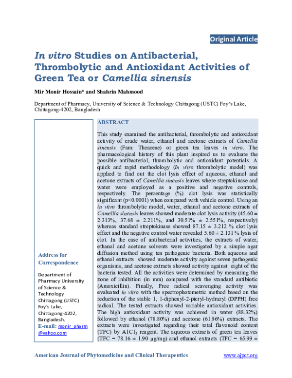 (PDF) In vitro Studies on Antibacterial, Thrombolytic and Antioxidant Activities of Green Tea or ...