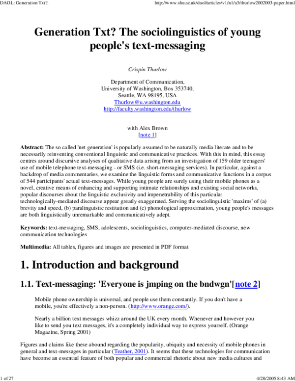 (PDF) Generation Txt? The sociolinguistics of young people’s text-messaging