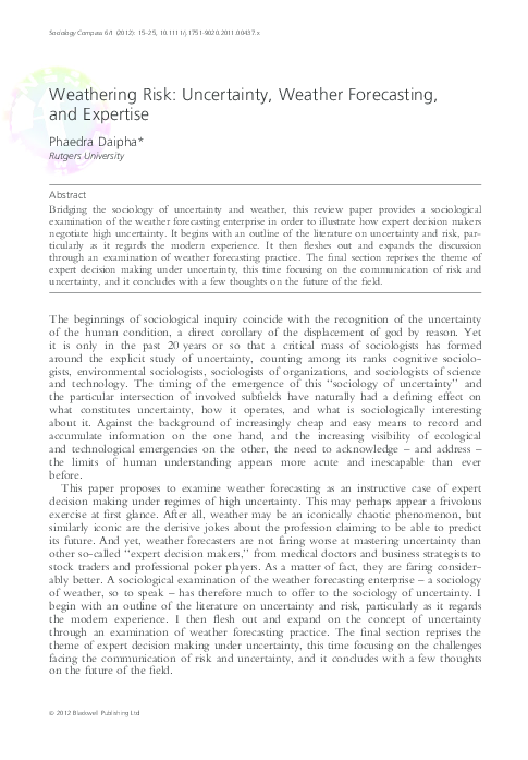 (PDF) Weathering Risk: Uncertainty, Weather Forecasting, and Expertise