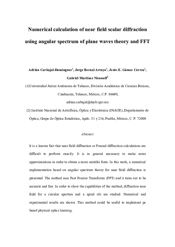 Pdf Numerical Calculation Of Near Field Scalar Diffraction Using Angular Spectrum Of Plane