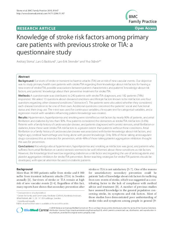 (PDF) Knowledge of stroke risk factors among primary care patients with ...