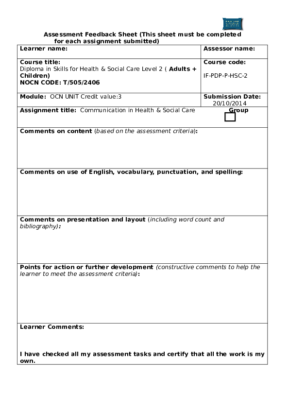 (DOC) Assessment Feedback Sheet (This sheet must be completed for each ...