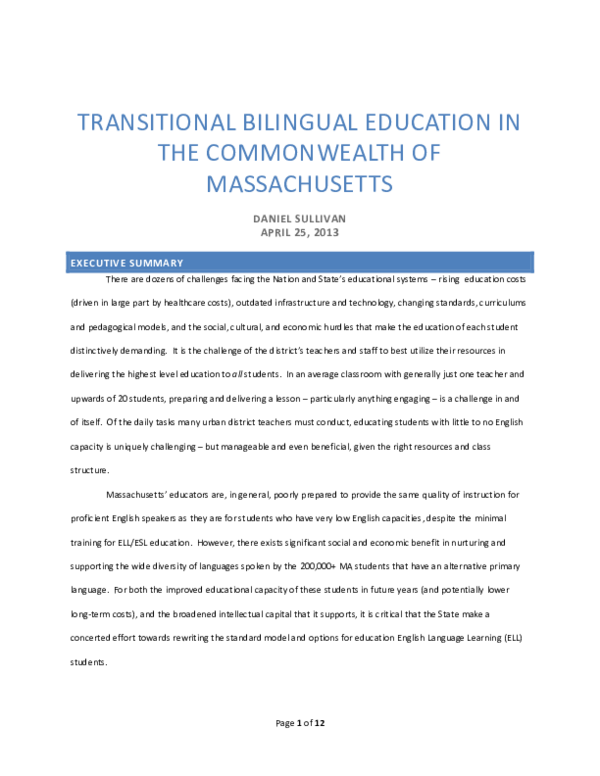 (PDF) TRANSITIONAL BILINGUAL EDUCATION IN THE COMMONWEALTH OF MASSACHUSETTS