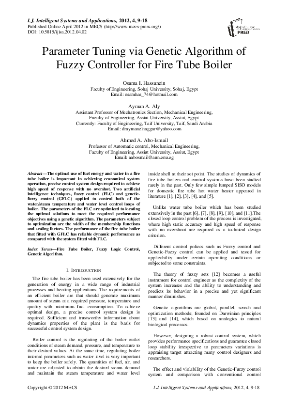 Pdf Parameter Tuning Via Genetic Algorithm Of Fuzzy Controller For