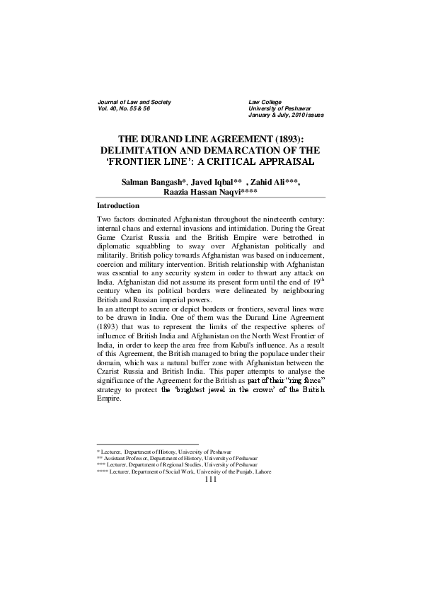 (PDF) THE DURAND LINE AGREEMENT (1893): DELIMITATION AND DEMARCATION OF ...