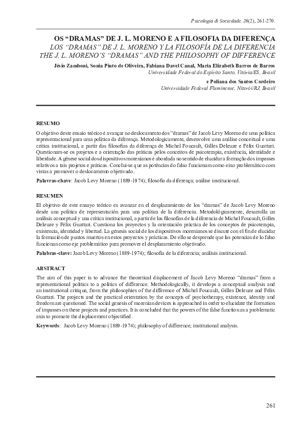 (PDF) Os dramas de J. L. Moreno e a filosofia da diferença
