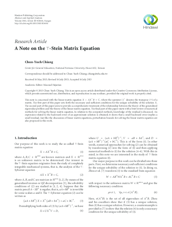 (PDF) A Note on the ⊤-Stein Matrix Equation