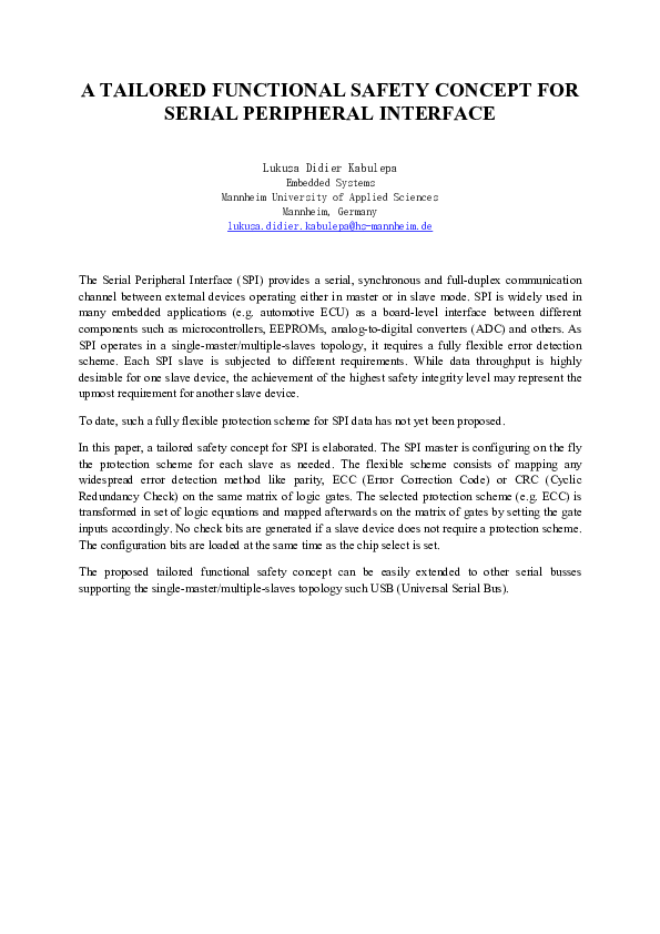 (PDF) A TAILORED FUNCTIONAL SAFETY CONCEPT FOR SERIAL PERIPHERAL INTERFACE