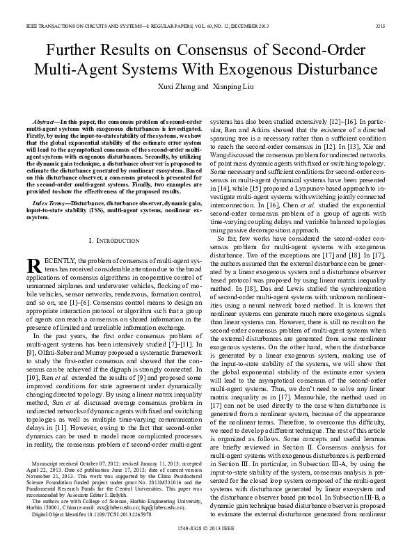 Pdf Further Results On Consensus Of Second Order Multi Agent Systems With Exogenous Disturbance