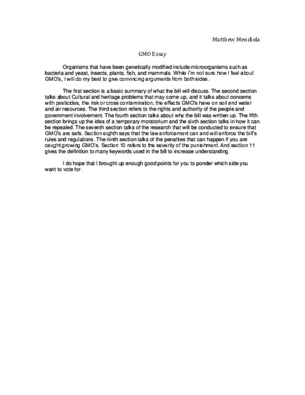 (DOC) Matthew Mendiola GMO Essay