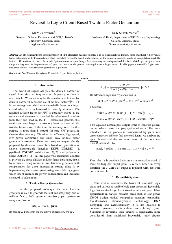 Pdf Reversible Logic Circuit Based Twiddle Factor Generation