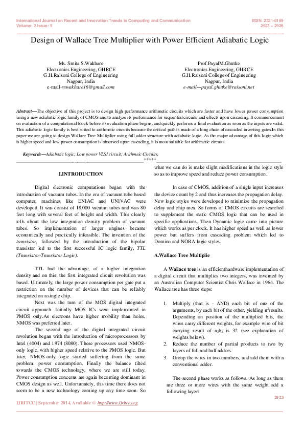(PDF) Design of Wallace Tree Multiplier with Power Efficient Adiabatic Logic