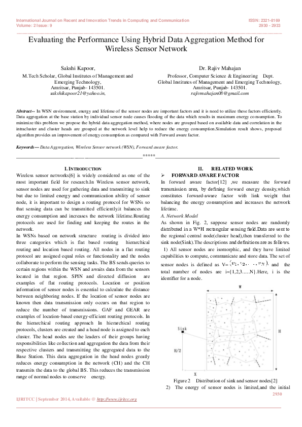 Pdf Evaluating The Performance Using Hybrid Data Aggregation Method For Wireless Sensor Network 