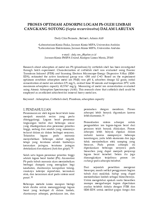 (PDF) PROSES OPTIMASI ADSORPSI LOGAM Pb OLEH LIMBAH CANGKANG SOTONG ...