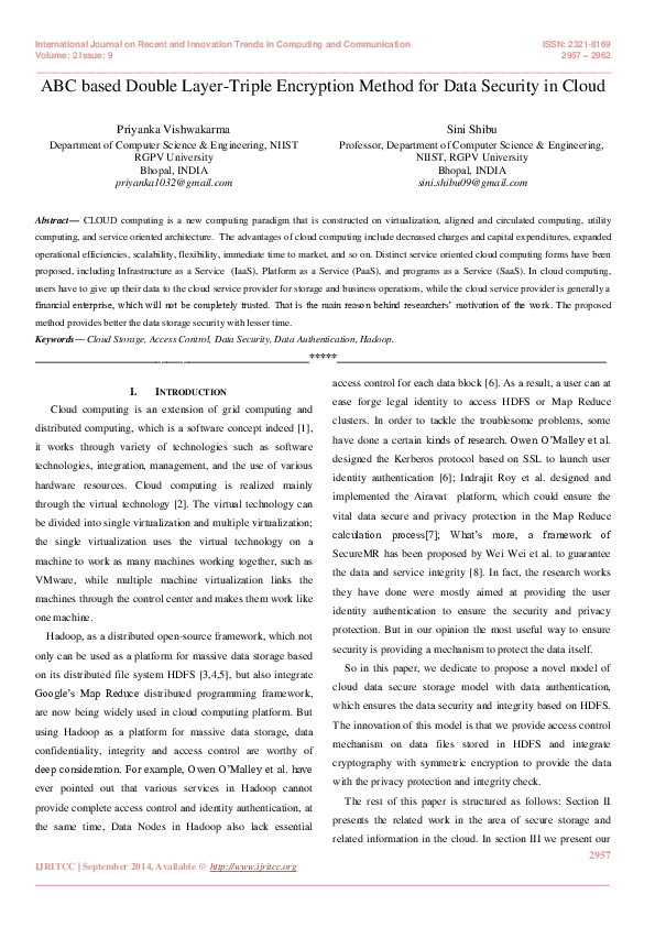 (PDF) ABC based Double Layer-Triple Encryption Method for Data Security in Cloud