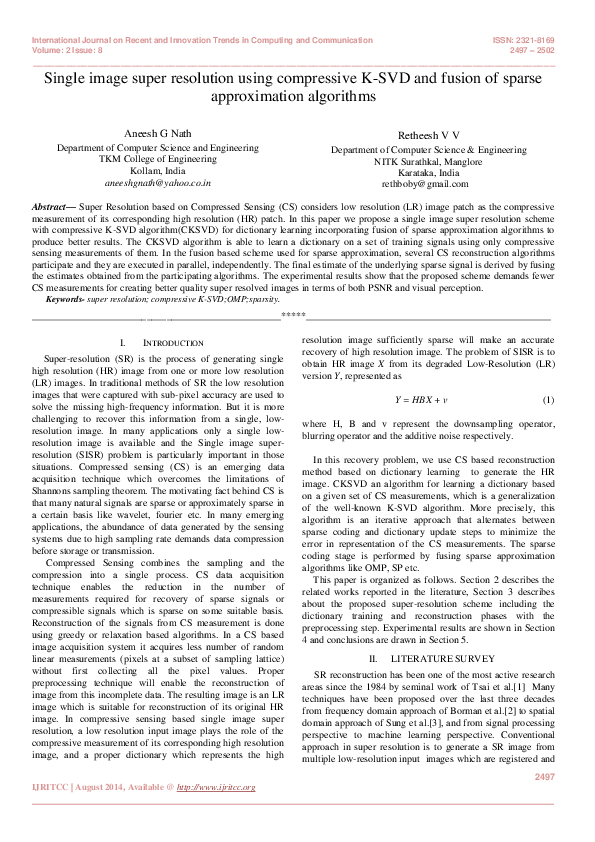 (PDF) Single image super resolution using compressive K-SVD and fusion of sparse approximation ...