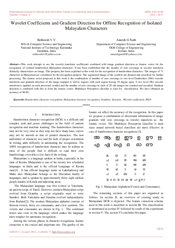 (PDF) Wavelet Coefficients and Gradient Direction for Offline Recognition of Isolated Malayalam ...