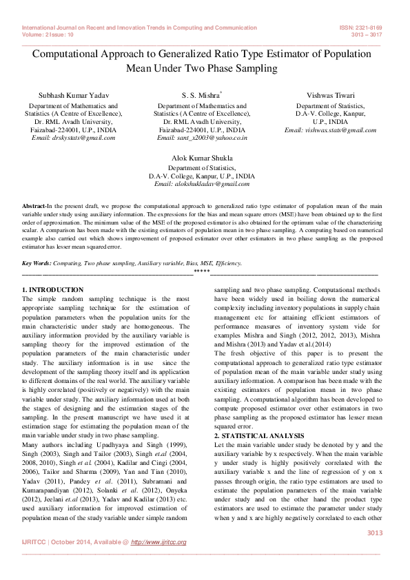 Pdf Computational Approach To Generalized Ratio Type Estimator Of