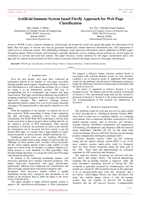 (PDF) Artificial Immune System based Firefly Approach for Web Page Classification